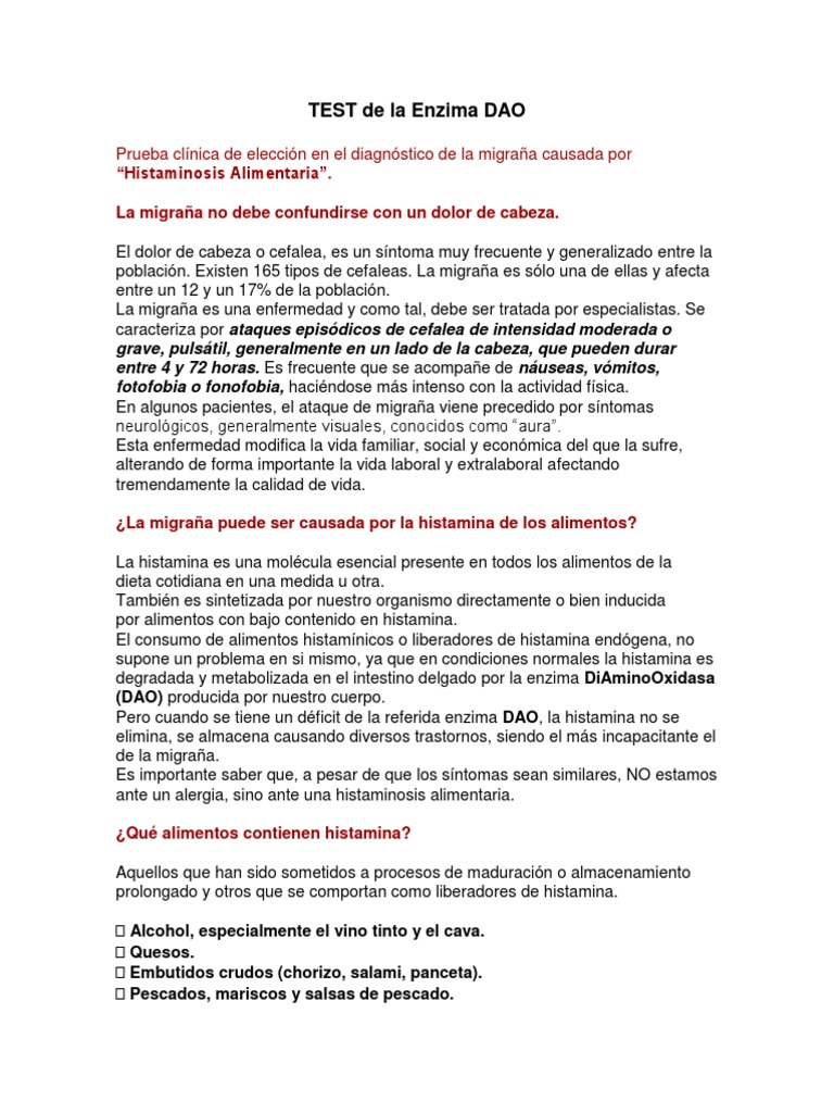 TEST de La Enzima DAO | PDF | Migraña | Rtt