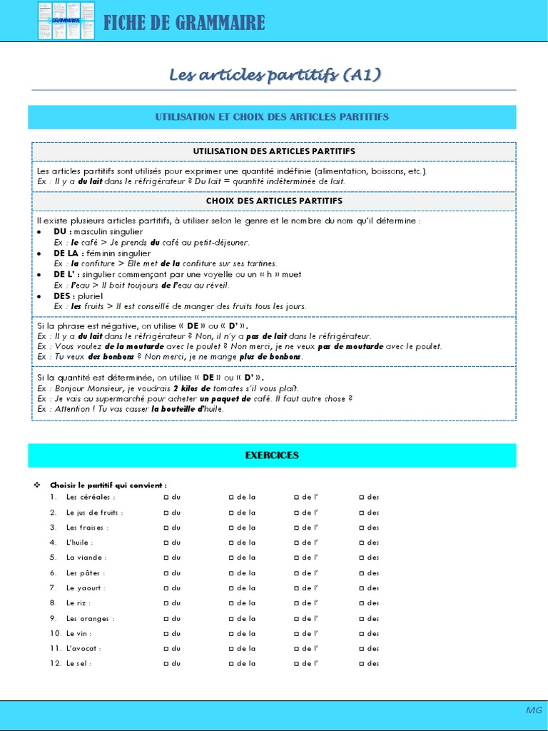 A1 Grammaire Articles-Partitifs PDF | PDF | Genre grammatical | Nombre ...