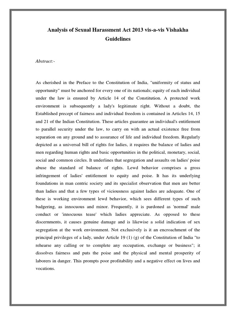 Analysis of Sexual Harassment Act 2013 Vis-A-Vis Vishakha Guidelines ...