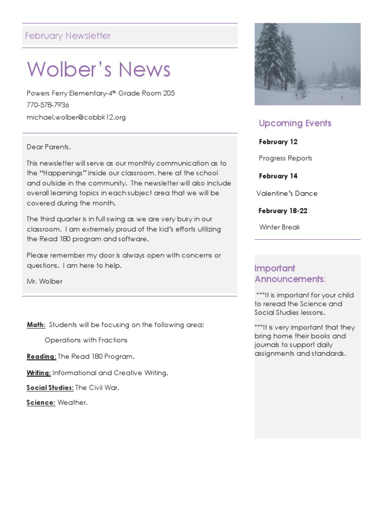 February Classroom Newsletter | PDF