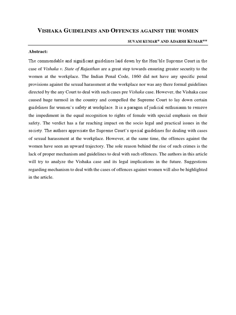 Vishaka Guidelines and Offences Against The Women | PDF | Sexual ...