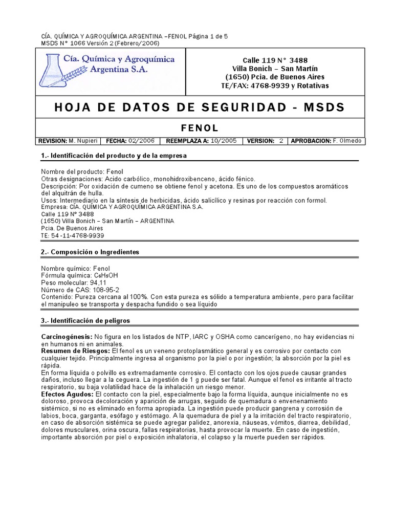 1066-Fenol MSDS | PDF | Aluminio | Agua