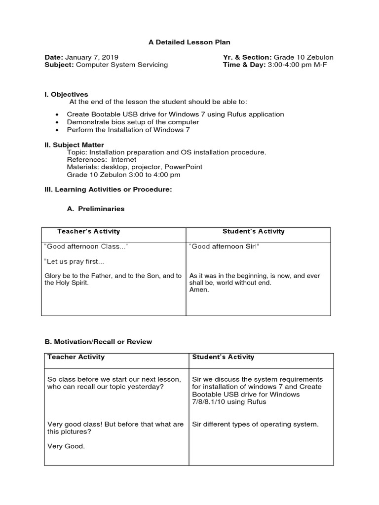 Grade 10 TLE: Windows 7 Installation Plan | PDF | Booting | Bios