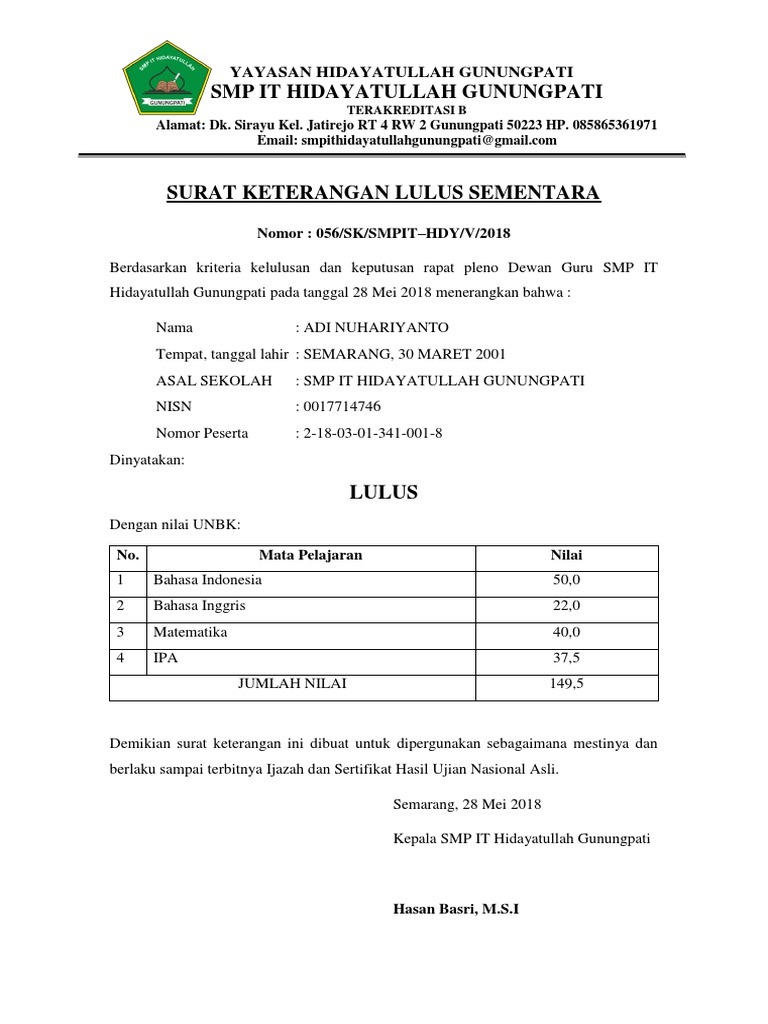 Surat Keterangan Lulus | PDF
