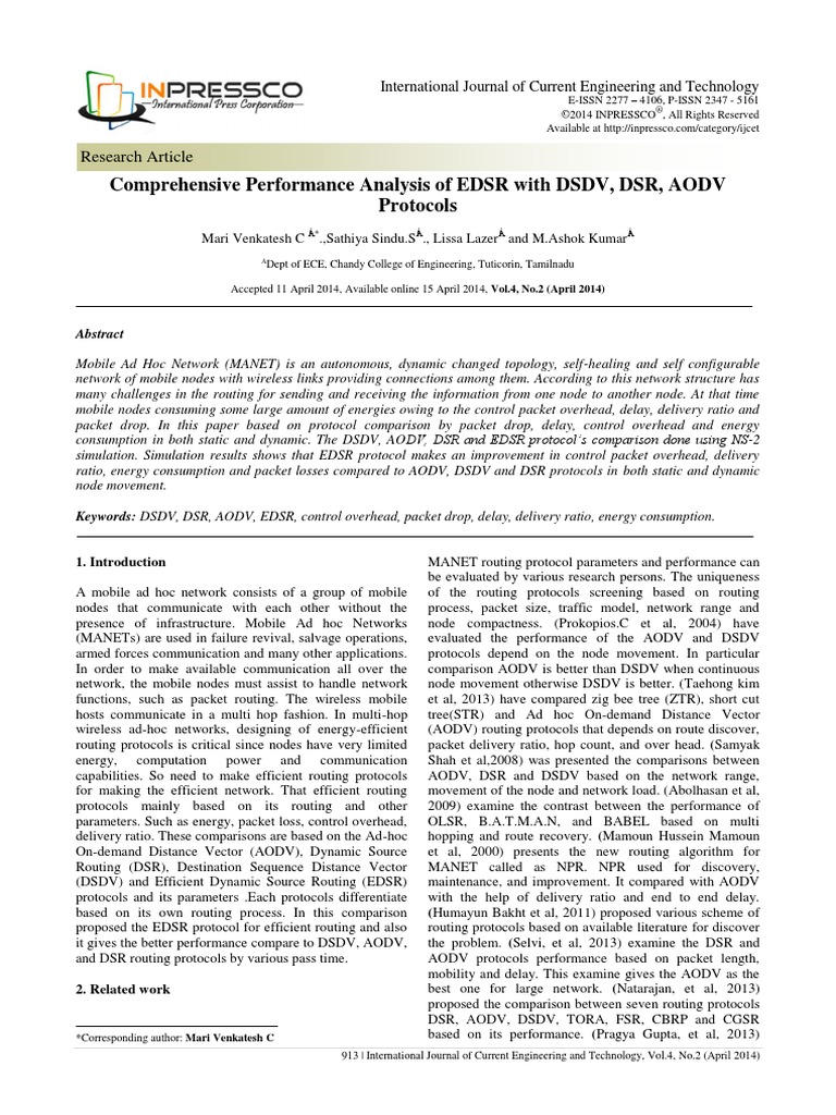 Comprehensive Performance Analysis of EDSR With DSDV, DSR, AODV Protocols | PDF | Routing ...