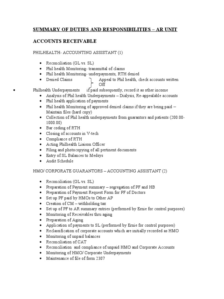 AR Unit Duties for Accounting Assistants | PDF | Health Maintenance ...