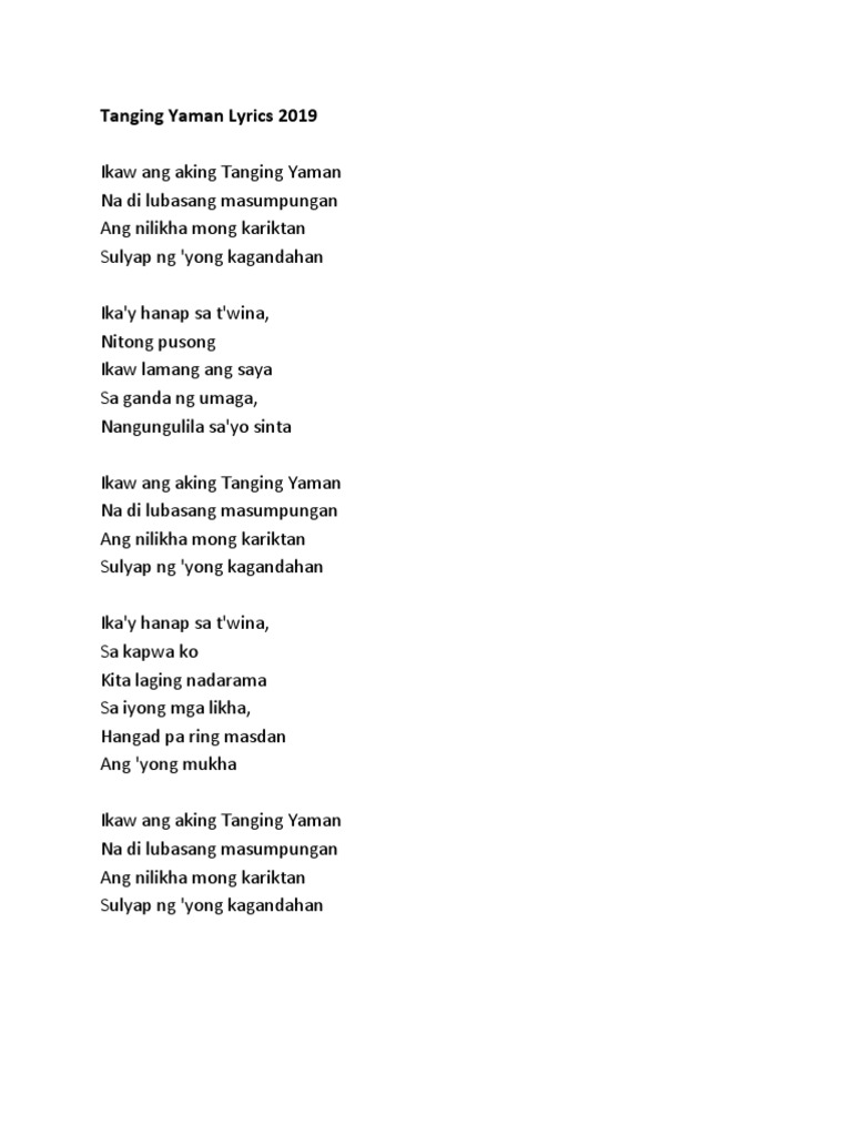 Tanging Yaman Lyrics 2019 | PDF