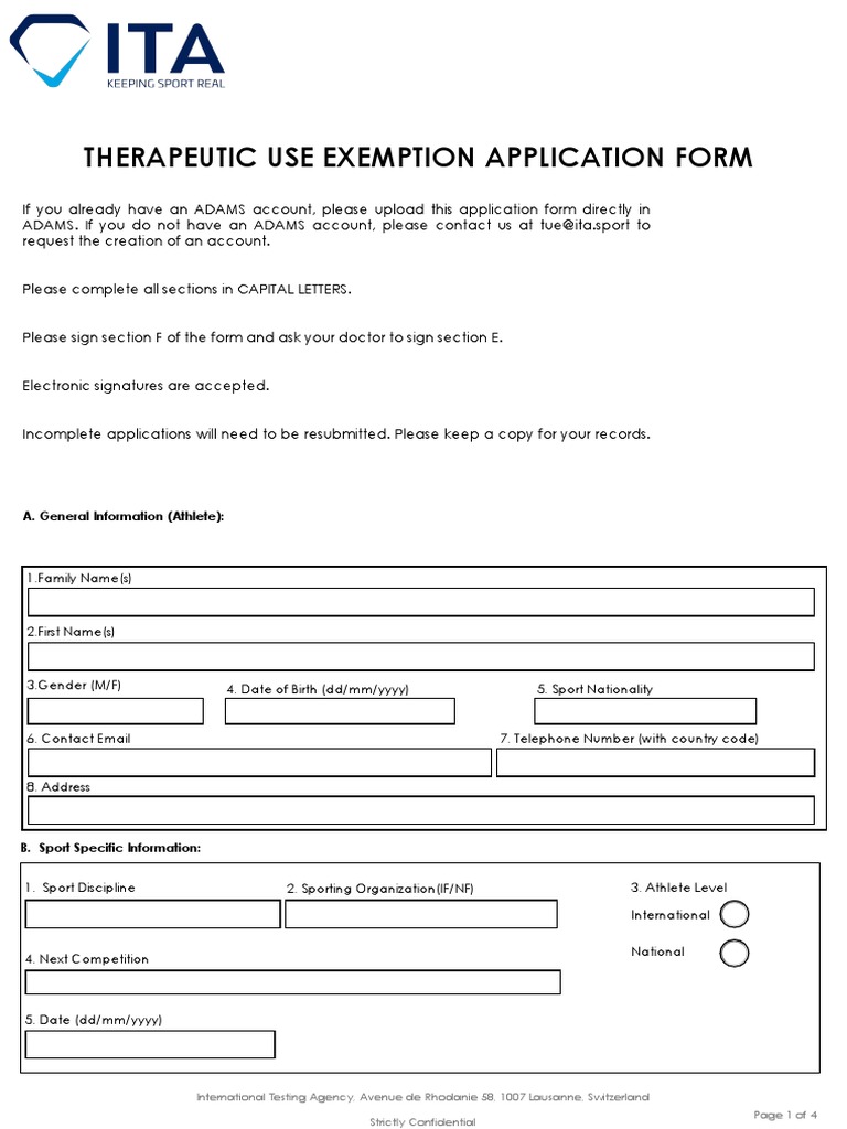 Therapeutic Use Exemption Application Form: A. General Information ...