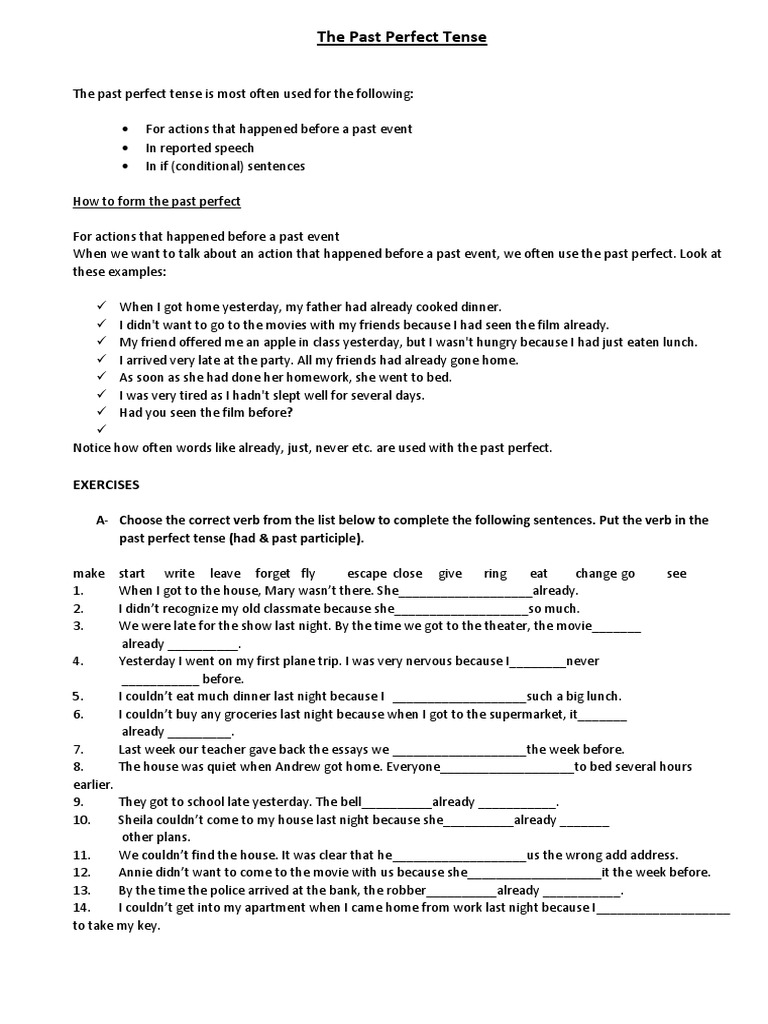 The Past Perfect Tense | Download Free PDF | Perfect (Grammar ...
