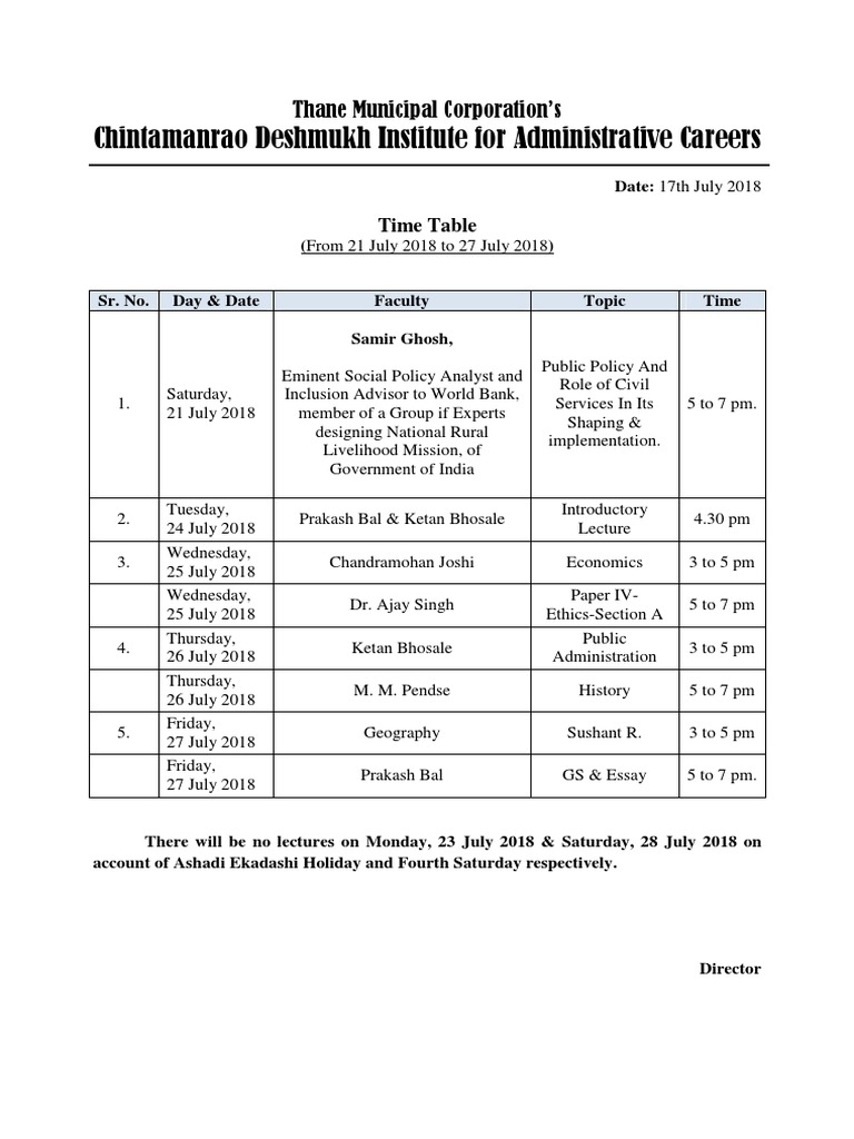 Time Table of UPSC Batch 2018-19 | PDF | Business