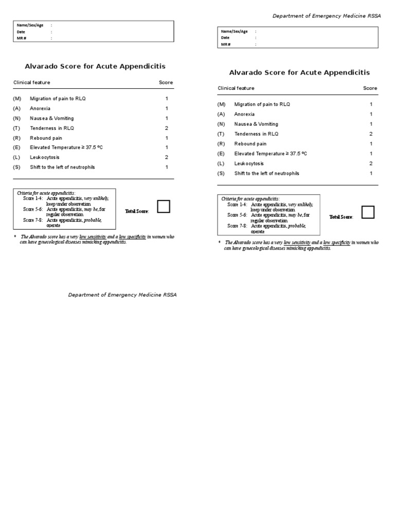 Alvarado Score For Acute Appendicitis Alvarado Score For Acute ...