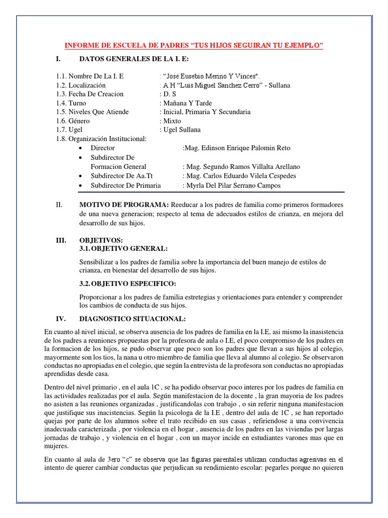 Informe de Escuela de Padres | PDF | Salón de clases | Comportamiento