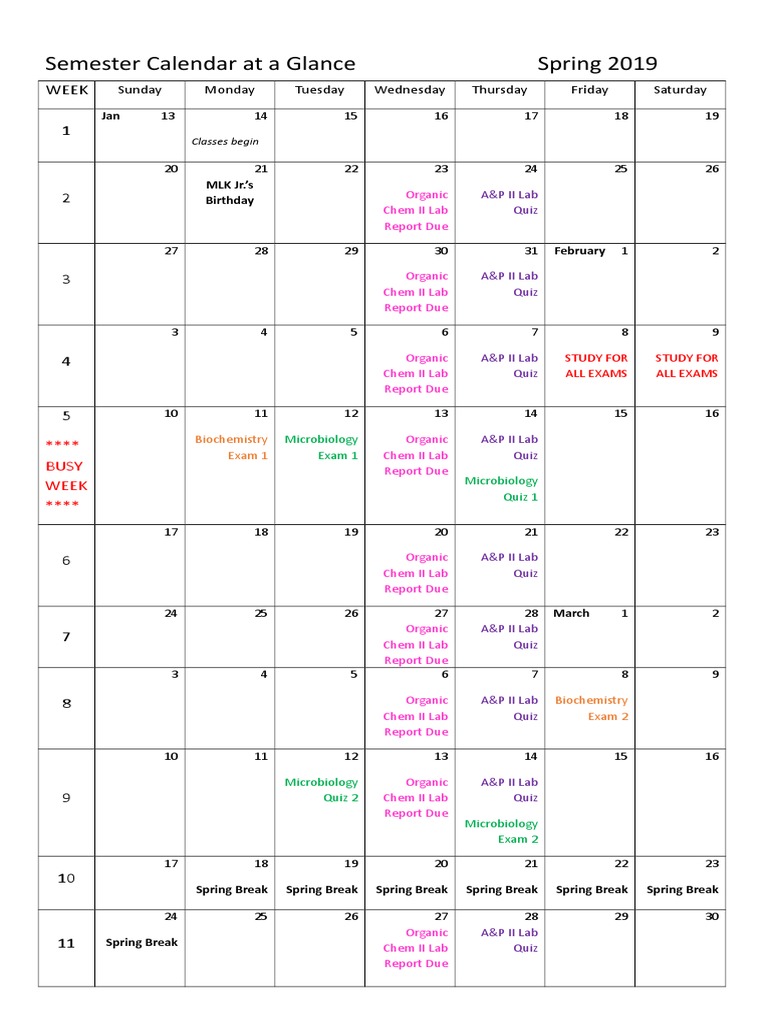 Semester Calendar Spring 2019 | PDF