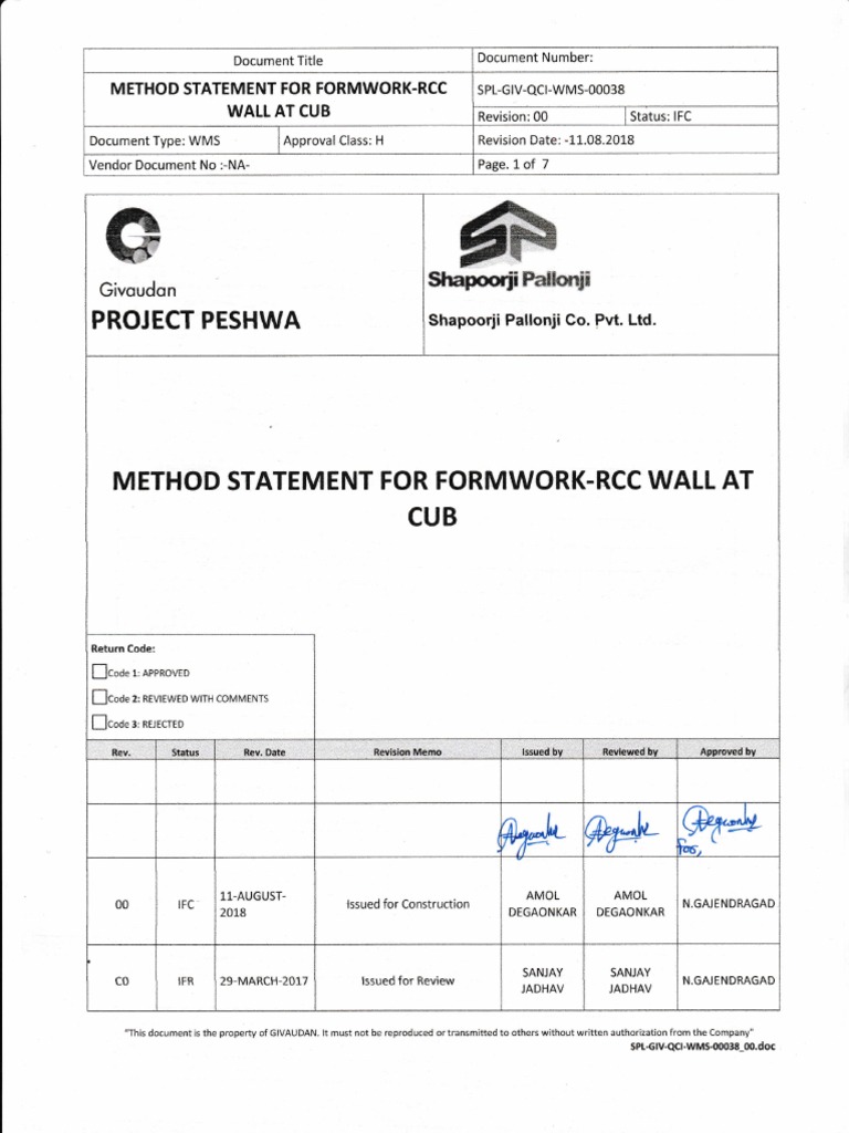 Work Method Statement For Shear Wall Foamwork | PDF