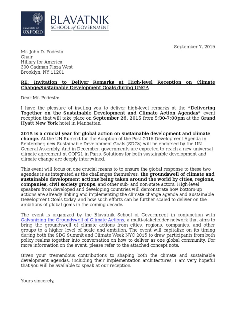Mr. Podesta SDG-Climate Event Invitation | PDF | Sustainable ...