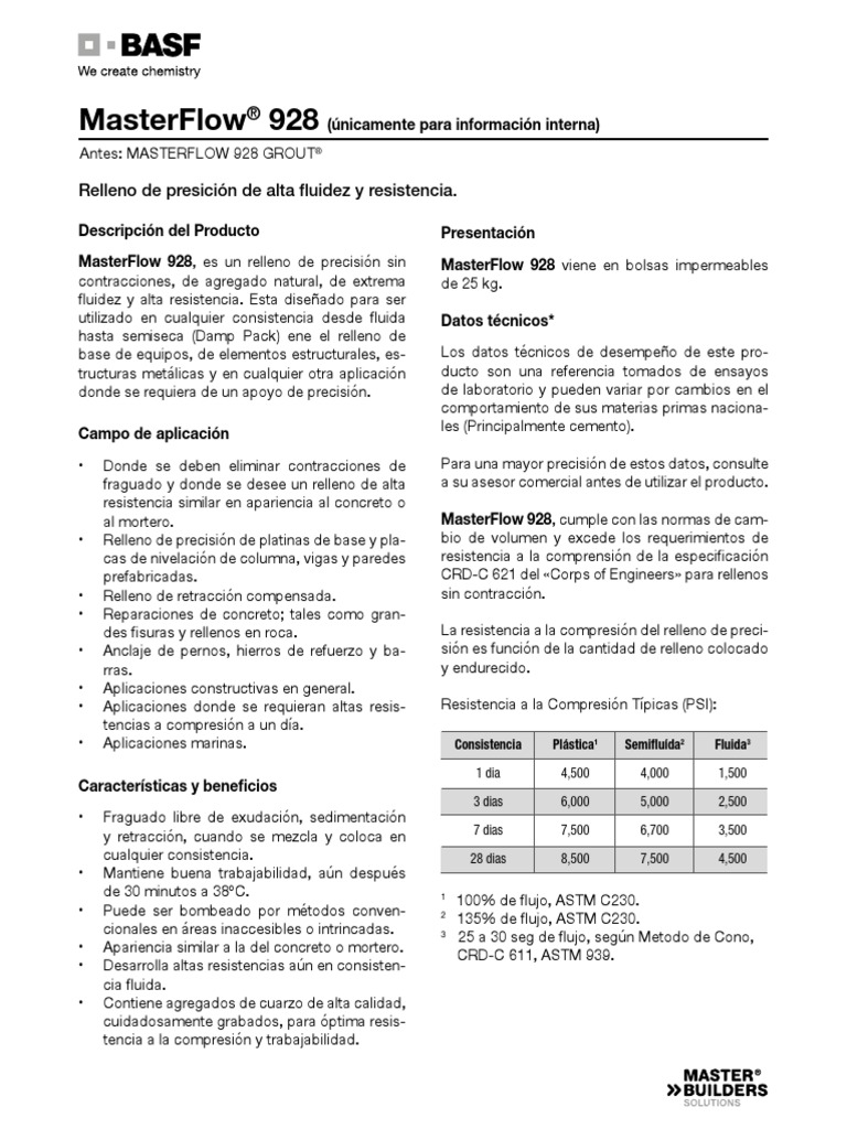 Basf Masterflow 928 Tds | PDF | Hormigón | Agua