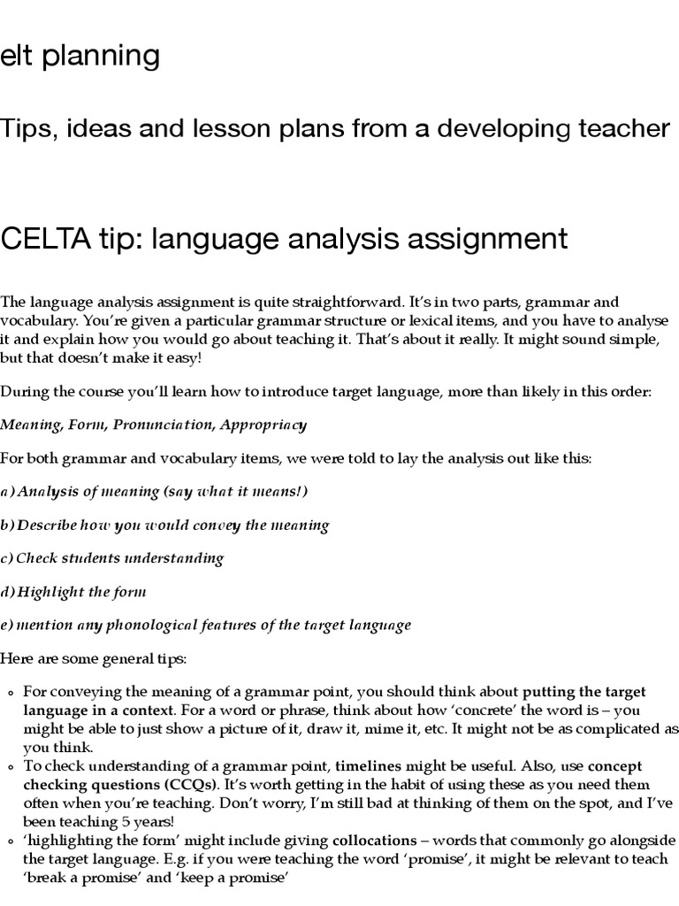 CELTA Tip: Language Analysis Assignment - Elt Planning | PDF | Stress (Linguistics) | Word
