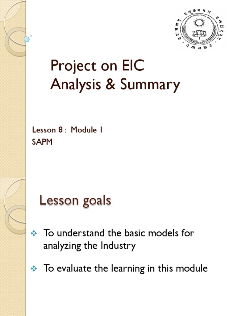 Project On EIC Analysis & Summary: Lesson 8: Module 1 Sapm | PDF | Swot ...