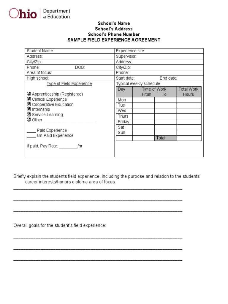 Field Experience Agreement Template | PDF | Employment | Behavior ...
