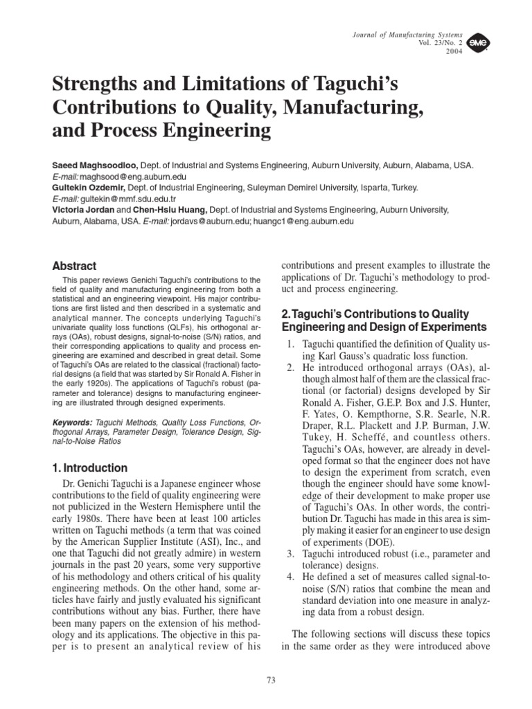 Strengths and Limitations of Taguchi's Contributions To Quality, Manufacturing, and Process ...