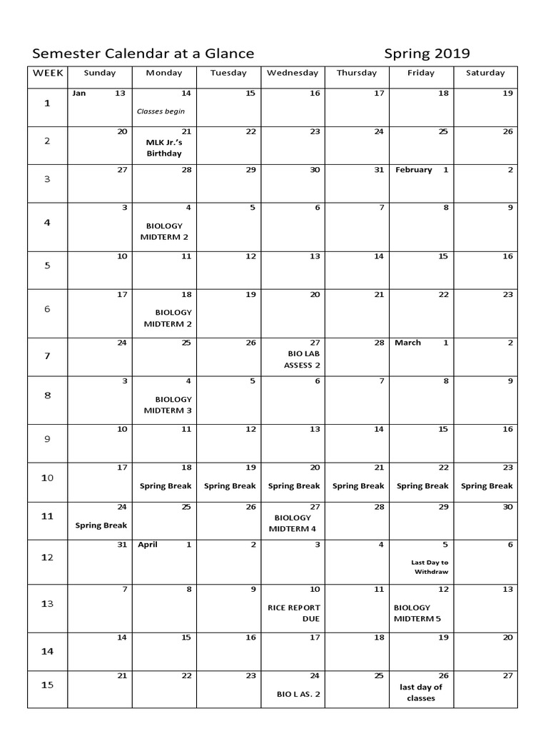 Spring 2019 Semester Calendar Overview | PDF | Academic Term