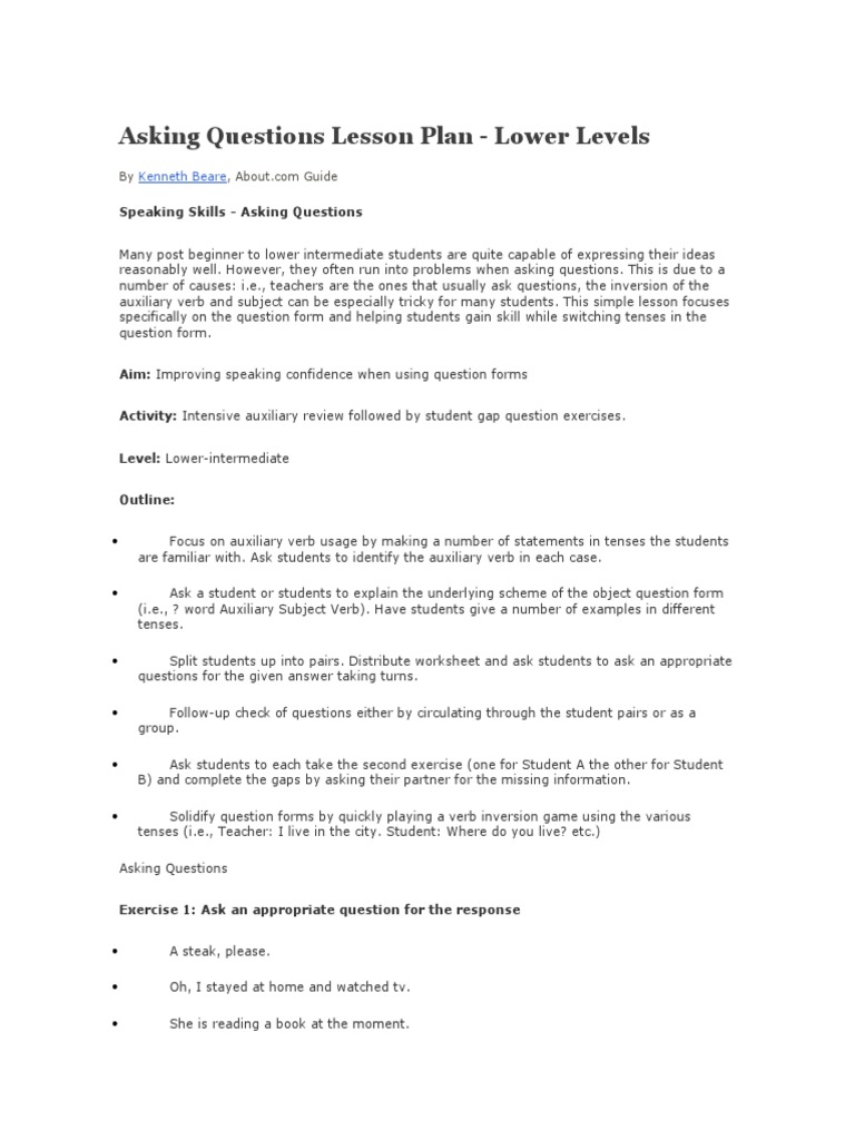 Asking Questions Lesson Plan - Lower Levels: Kenneth Beare | Download ...