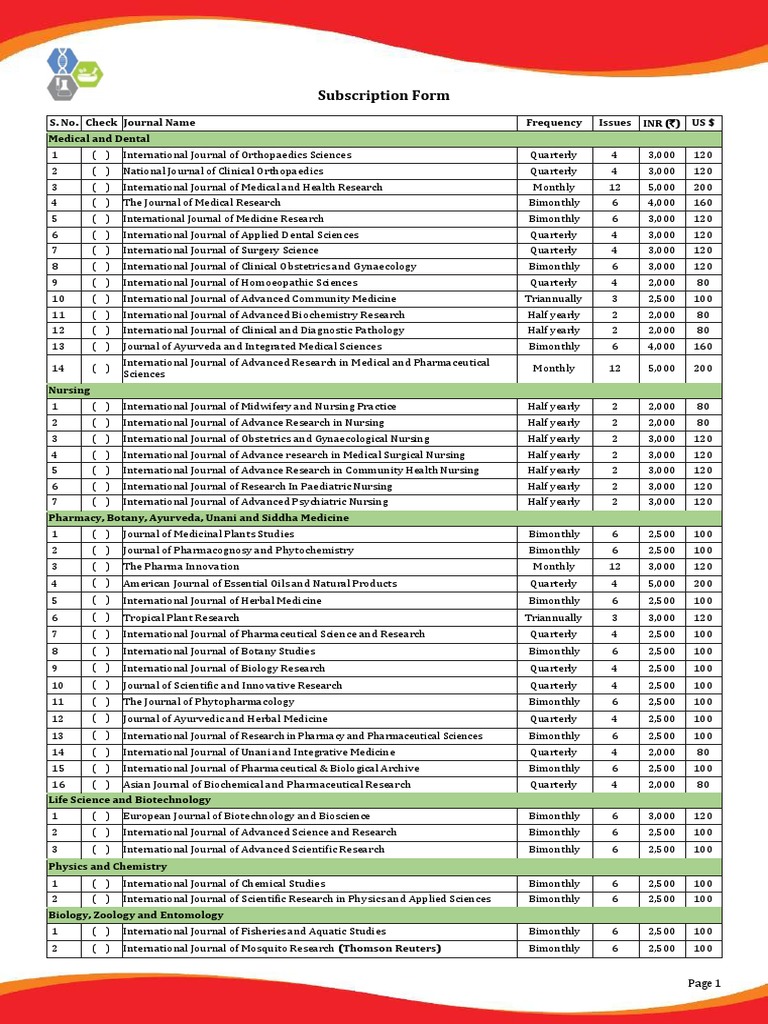 Journal Subscription Form | PDF | Academic Journal | Medicine