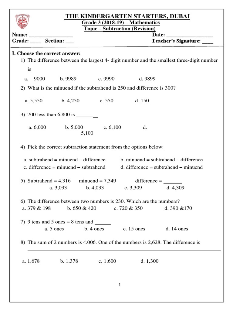 Grade 3 Subtraction Revision | PDF | Subtraction | Elementary Mathematics