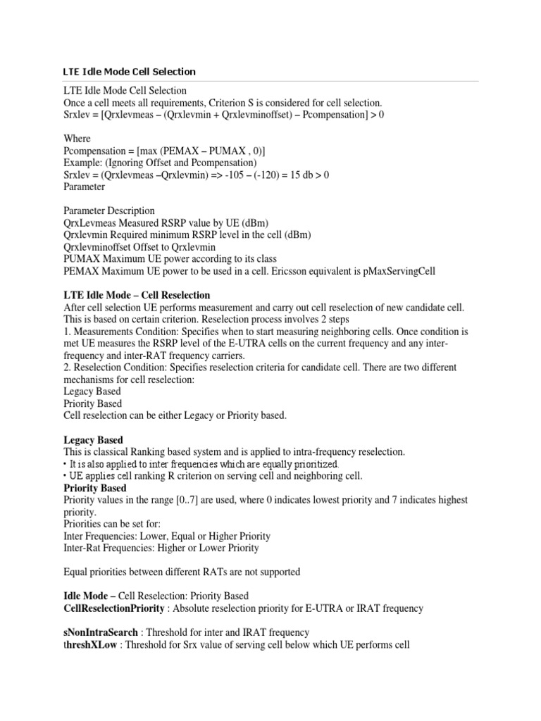 LTE Idle Mode Cell Selection Guide | PDF | Electrical Engineering ...