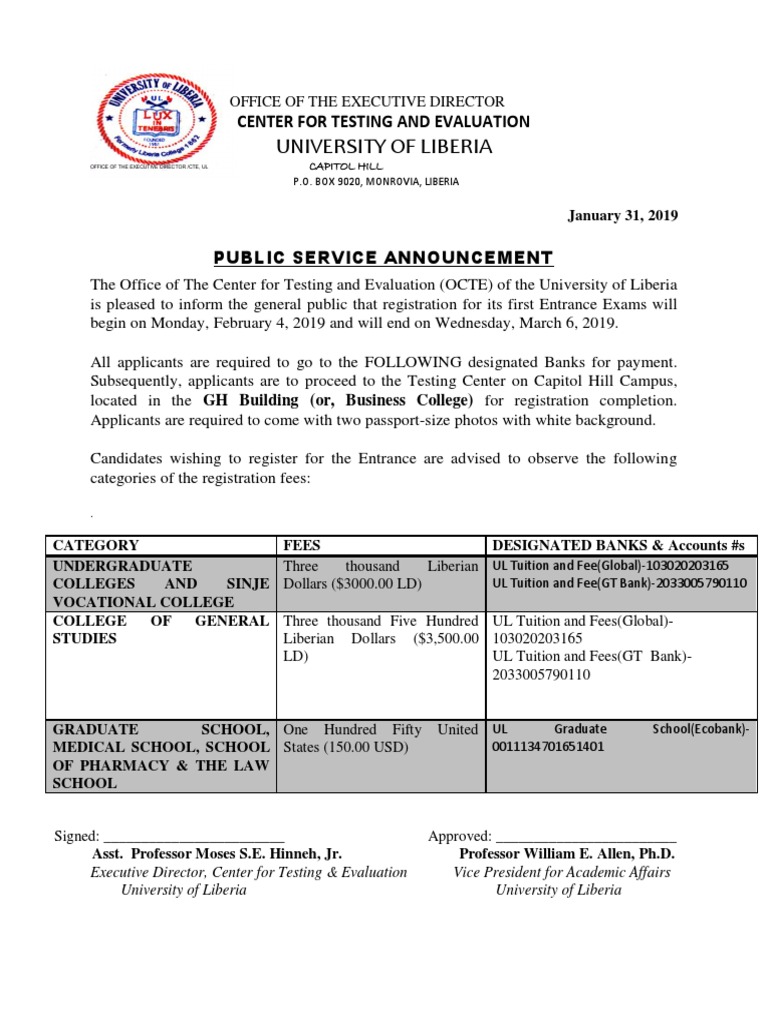 Public Service Announcement For Ul First Entrance Exams | PDF | Liberia ...