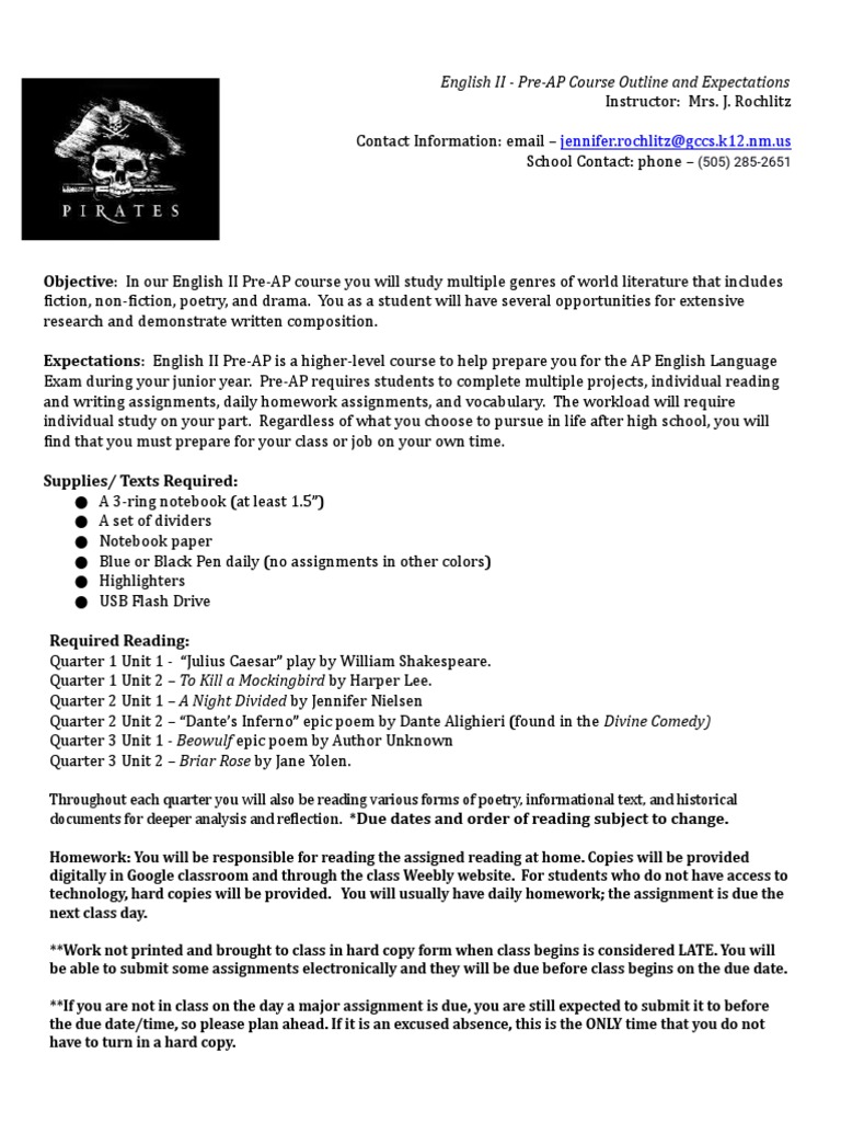English II Pre Ap Syllabus | PDF | Homework | Plagiarism