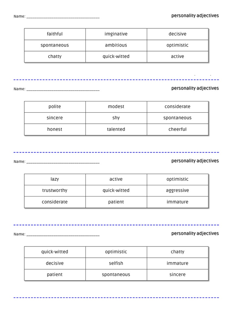 Bingo Personality Adjectives | PDF