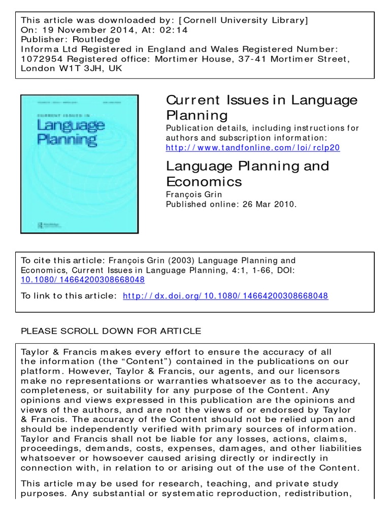 Current Issues in Language Planning Volume 4 Issue 1 2003 (Doi 10.1080 - 14664200308668048) Grin ...