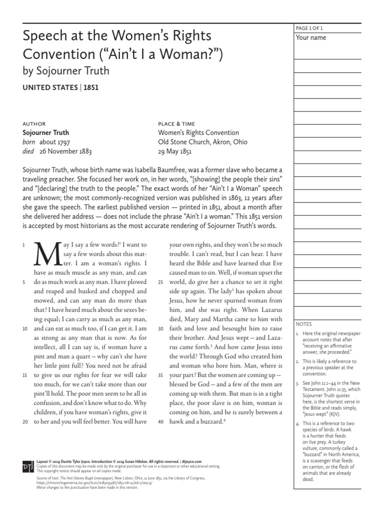 Sojourner Truth: Speech at The Women's Rights Convention ("Ain't I A ...