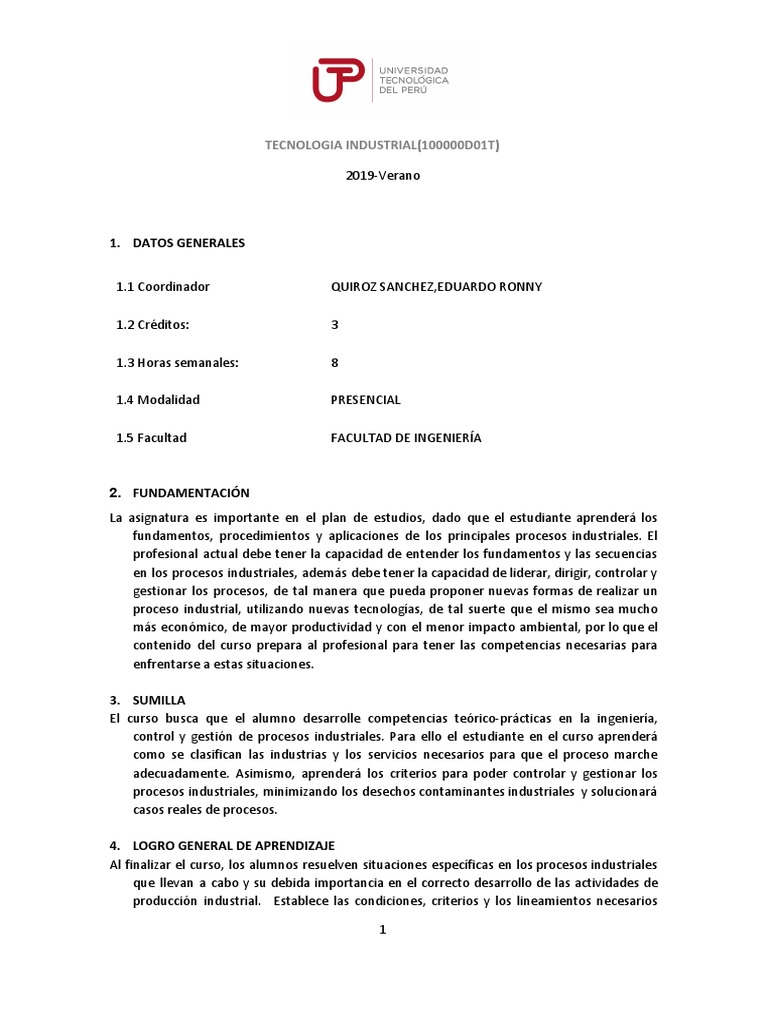 Silabo de Tecnologia Industrial de La Utp | Descargar gratis PDF | Aprendizaje | Residuos