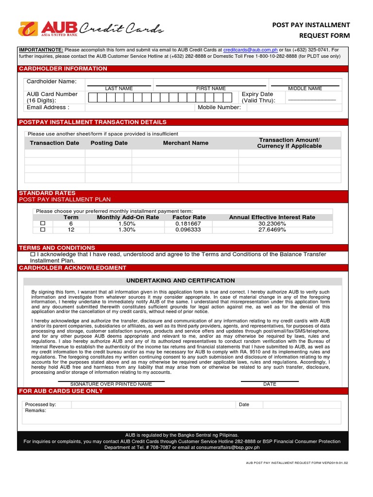 AUB Post Pay Installment Request Form | PDF | Credit Card | Economies