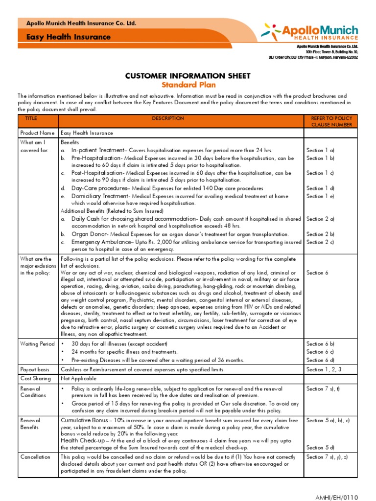 Easy Health Insurance - Customer Information Sheet With Policy Wordings ...