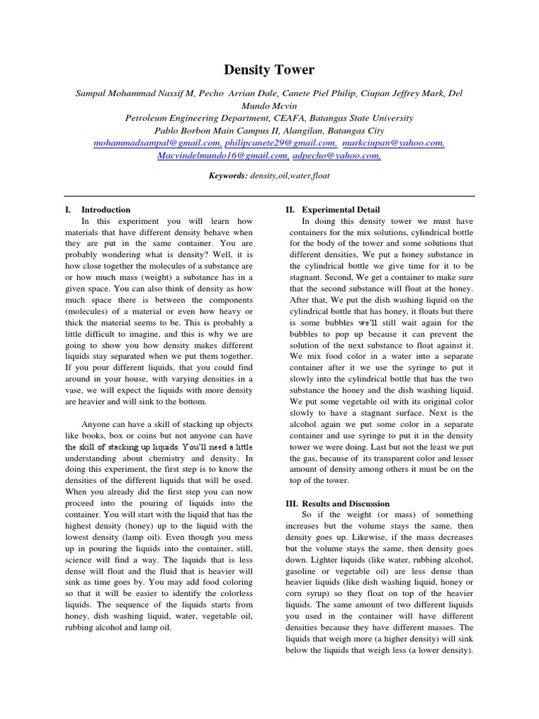 Understanding Density Through a Liquid Density Tower Experiment | PDF ...