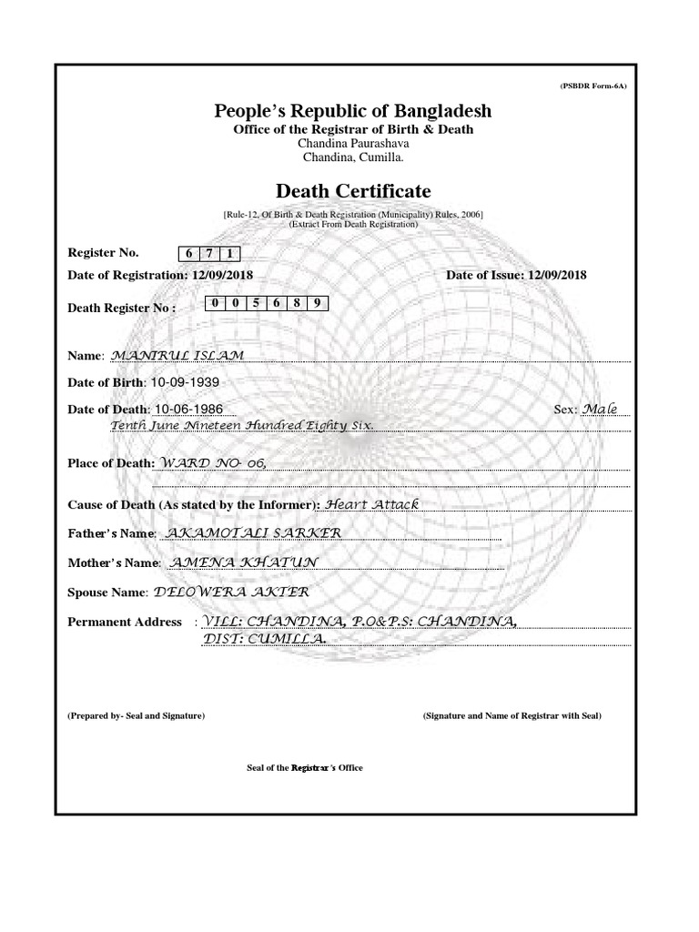 Death Certificate Form PSBDR Form-6A | PDF