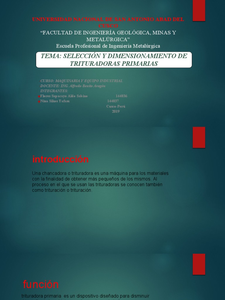 Tema: Selección Y Dimensionamiento de Trituradoras Primarias | PDF | Science | Ingeniería