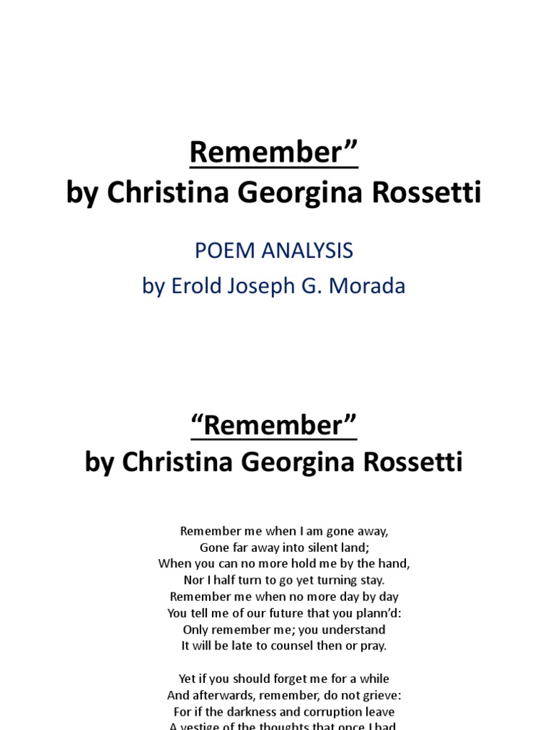 Remember" by Christina Georgina Rossetti: Poem Analysis by Erold Joseph ...