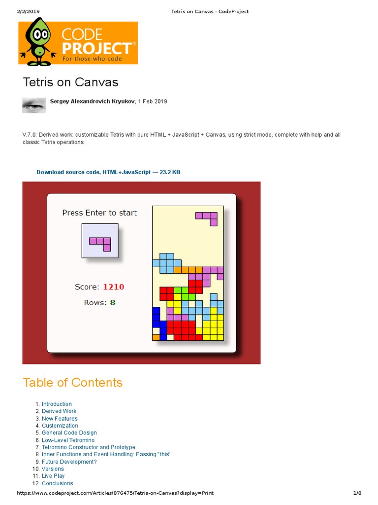 Tetris On Canvas - CodeProject | PDF | Java Script | Html5