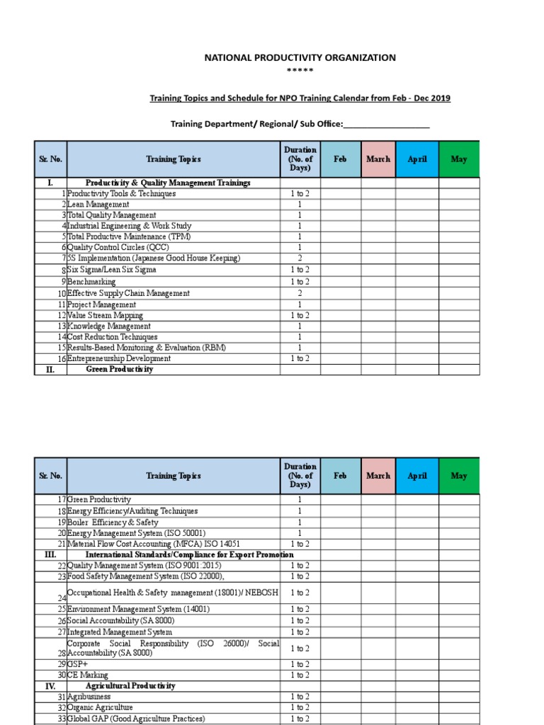 Productivity Training Schedule | PDF | Lean Manufacturing | Quality ...