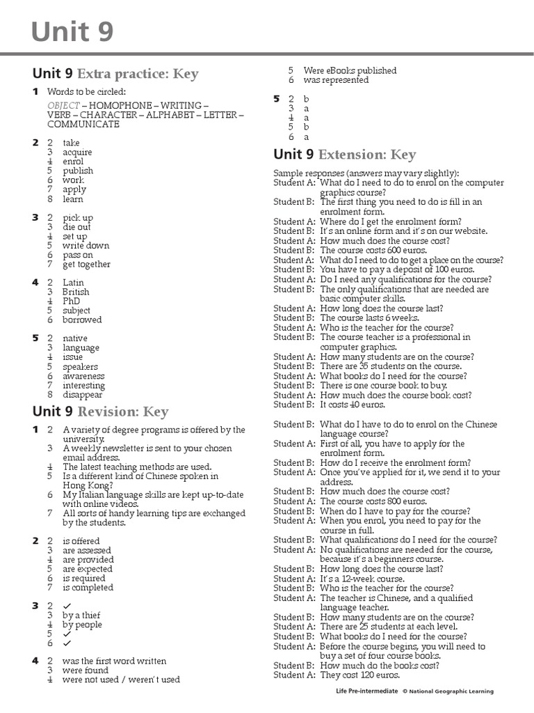 Unit 9: Extra Practice: Key | PDF | Students | Teachers