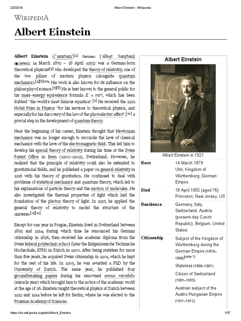 Albert Einstein - Wikipedia | PDF | Albert Einstein | General Relativity