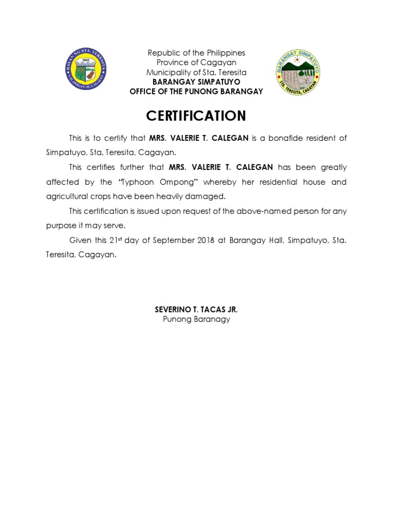 Ompong Barangay Certification | PDF