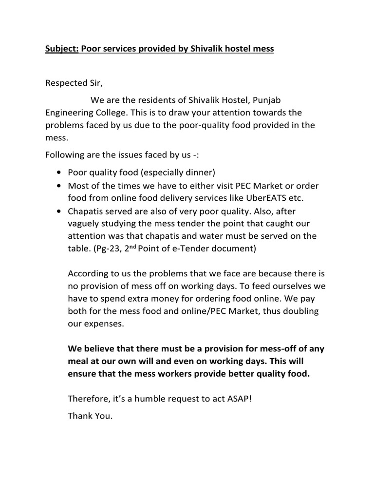 Subject: Poor Services Provided by Shivalik Hostel Mess | PDF