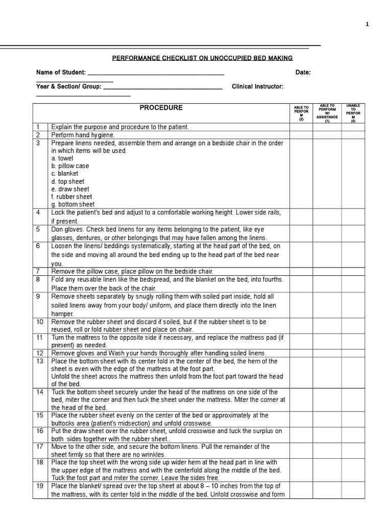 Unoccupied Bed Making Checklist | PDF | Bed | Bedding