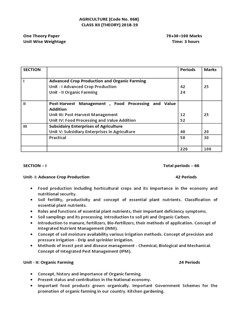 Syllabus Agriculture CBSE Class 12 | PDF | Organic Farming | Agriculture