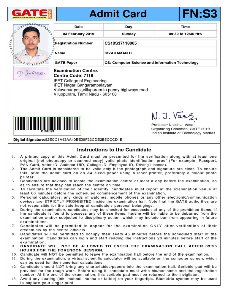 GATE 2019 Admit Card Instructions | PDF | Identity Document | Access ...
